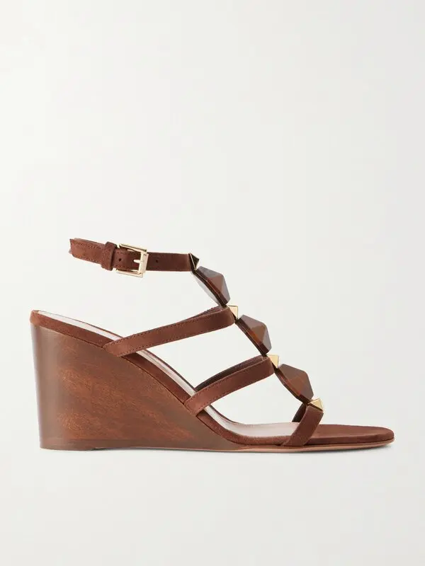 GIANVITO ROSSI Embellished Suede Wedge Sandals - Brown