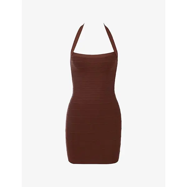 House Of Cb Silhouette Halterneck Woven Mini Dress - Brown