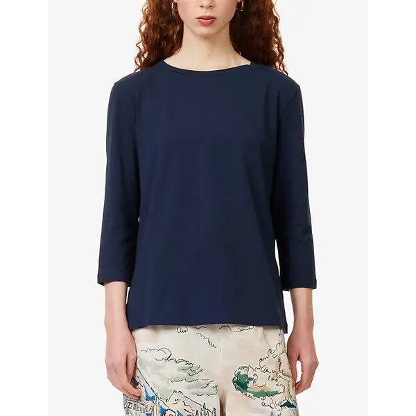 Max Mara Round Neck 3/4 Sleeve Stretch Cotton Top - Navy