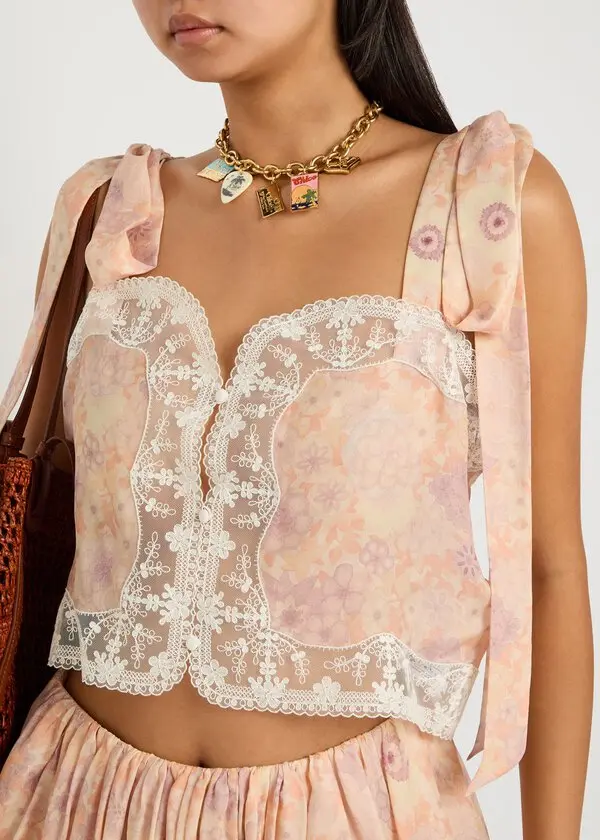 Chloé Floral-print Lace-trimmed Silk Cropped Top - Multicoloured