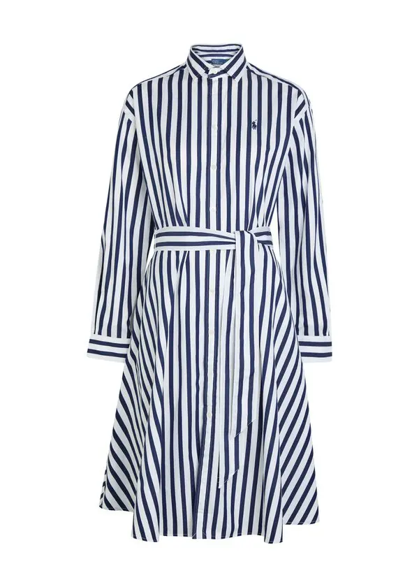 Polo Ralph Lauren Embroidered Striped Cotton Poplin Midi Shirt Dress - Blue