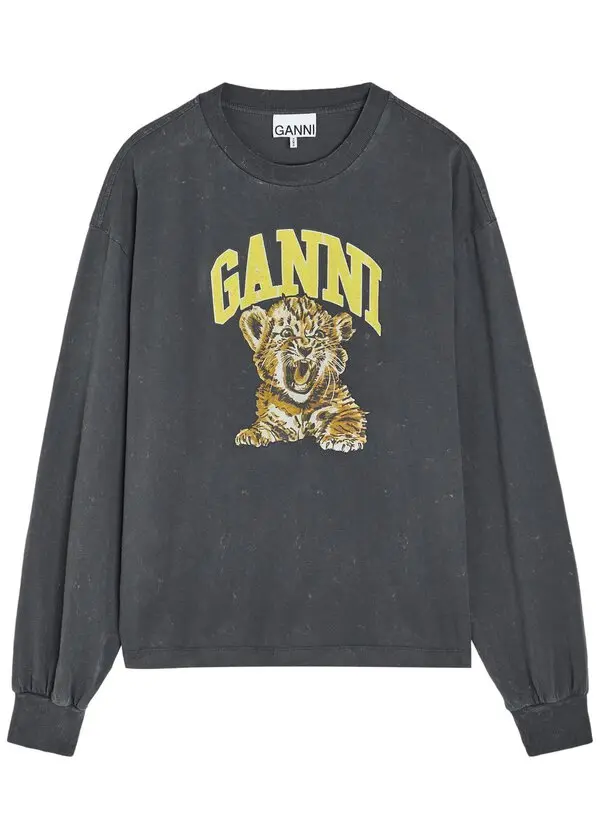 GANNI Printed Long-sleeve Cotton T-shirt - Black