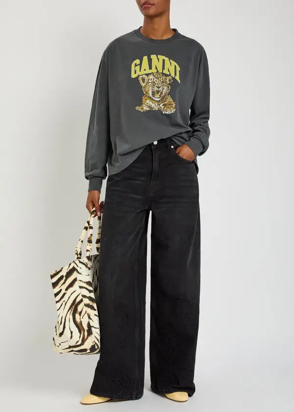 GANNI Printed Long-sleeve Cotton T-shirt - Black