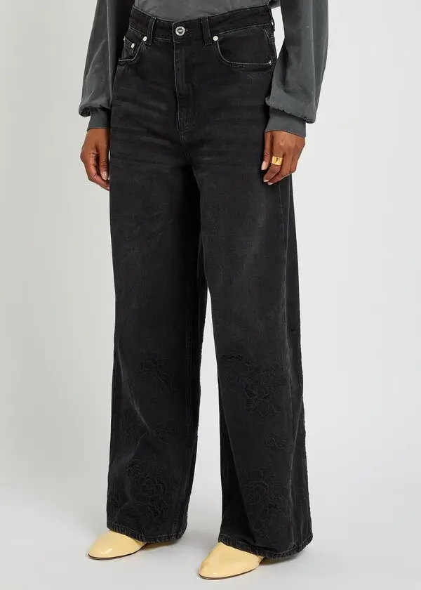 GANNI Floral Embroidered Wide-leg Jeans