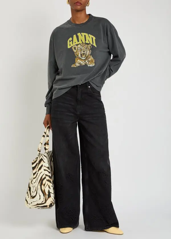 GANNI Floral Embroidered Wide-leg Jeans