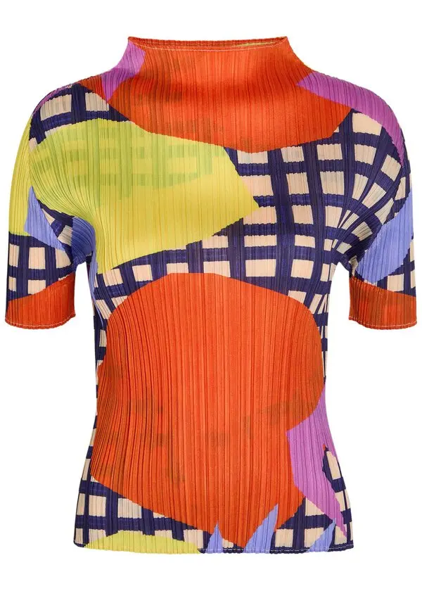Issey Miyake Printed Pleated Mock-neck Top