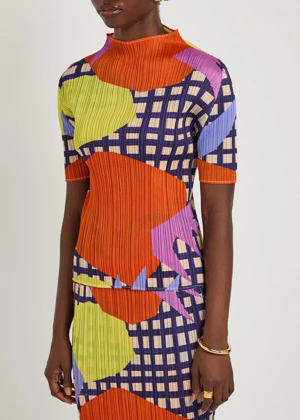 Issey Miyake Printed Pleated Mock-neck Top