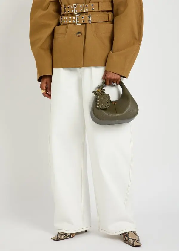 GANNI Grained Leather Hobo Mini Bag - Olive