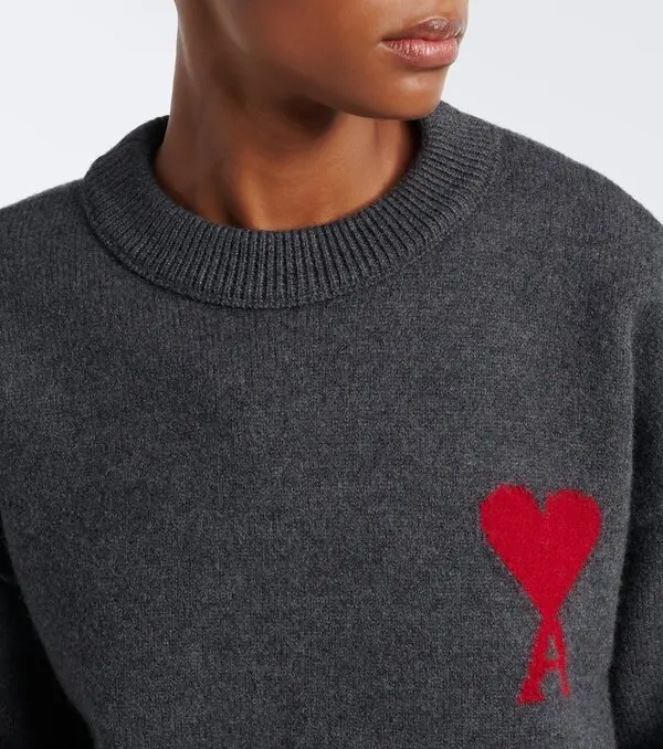AMI Paris Virgin Wool Crewneck Sweater With De Coeur Embroidery