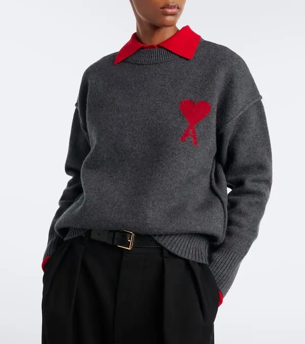 AMI Paris Virgin Wool Crewneck Sweater With De Coeur Embroidery