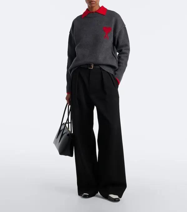 AMI Paris Virgin Wool Crewneck Sweater With De Coeur Embroidery