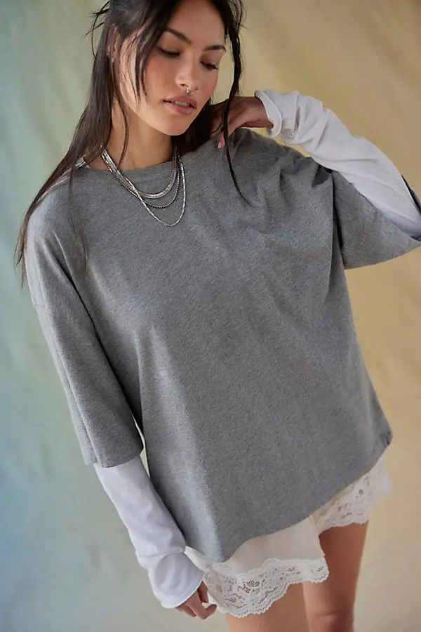 We The Free Oversized Cotton Tee With Dropped Shoulders - Heather Grey