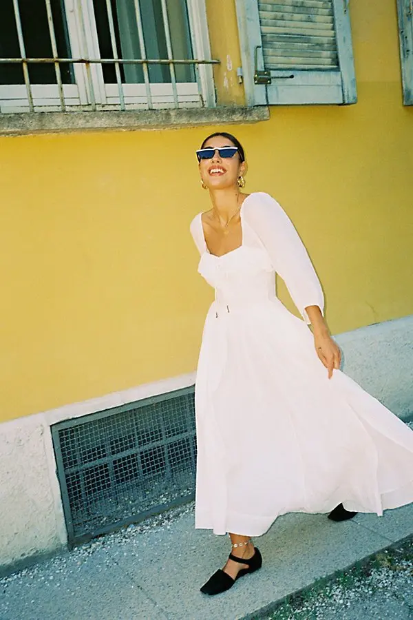 Free People Midi Dress With Smocked Bodice And Volume Sleeves - Canvas