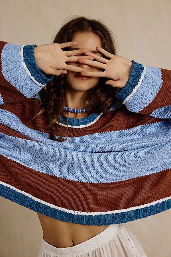 Free People Oversized Colour-blocked Pullover Sweater - Periwinkle Combo