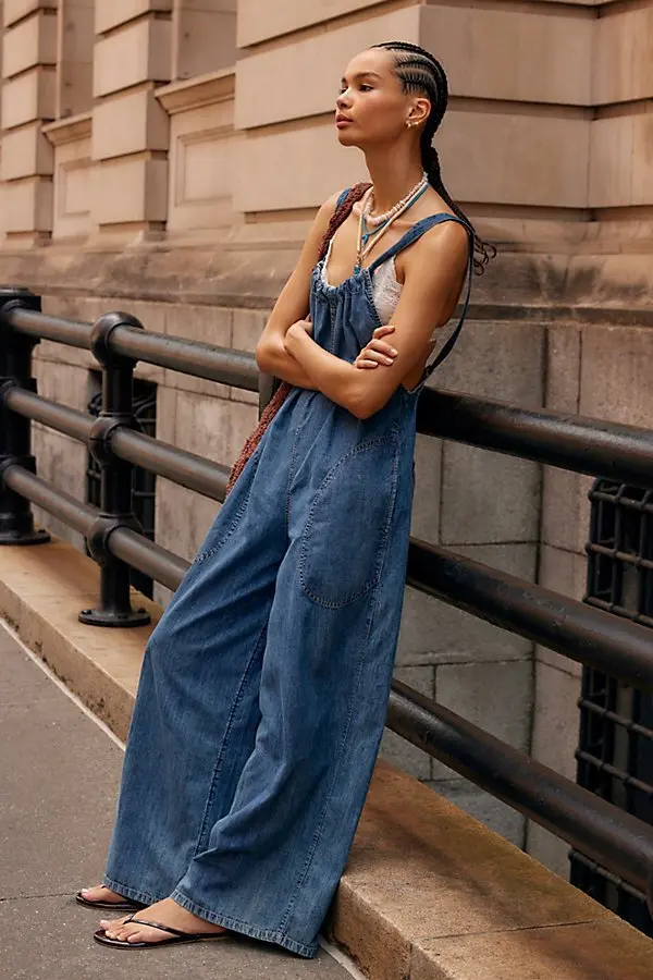 We The Free Freebird Wide Leg Denim Jumpsuit - Stellar Blue