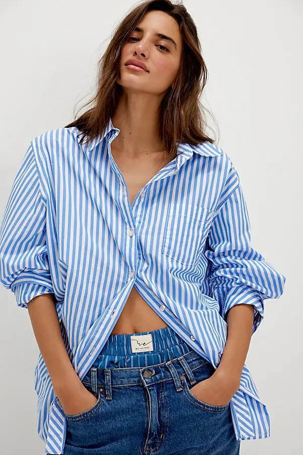 Free People Sabine Striped Articulated Shirt - Blue Combo