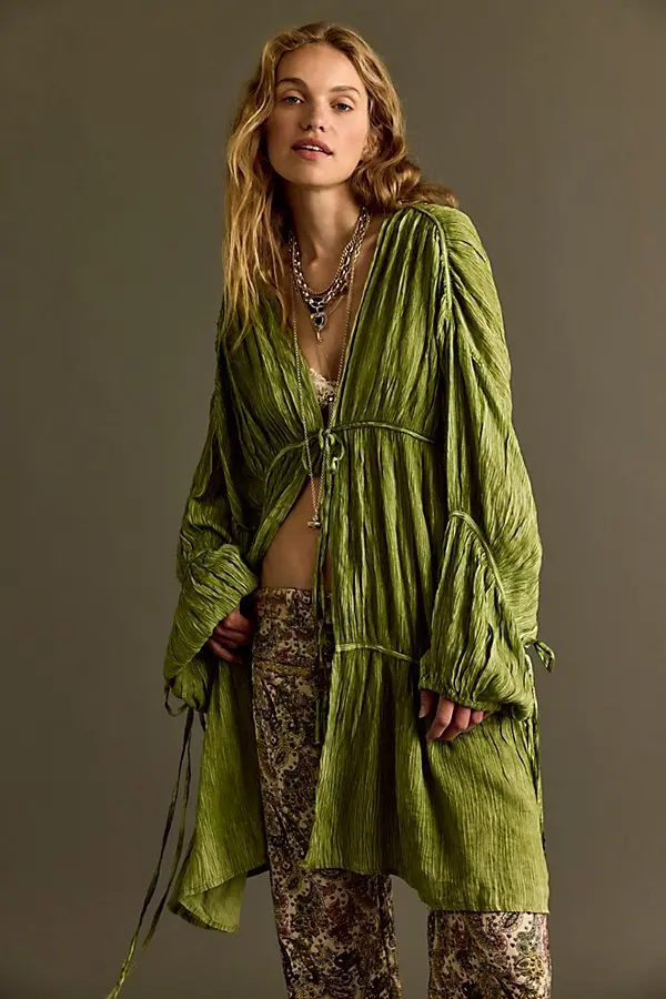 Free People Juliet Sheer Tie-front Duster Top - Moss
