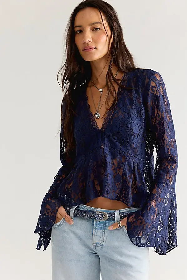 Free People Whispering Love Lace Peplum Top - Deeper Iris