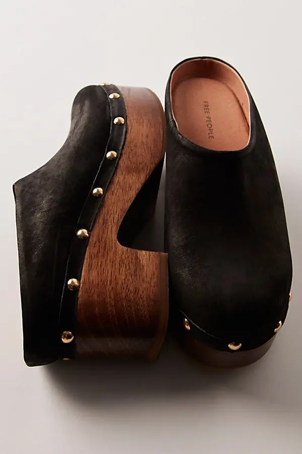 FP COLLECTION Studded Leather Clogs With Wood Platform - Black