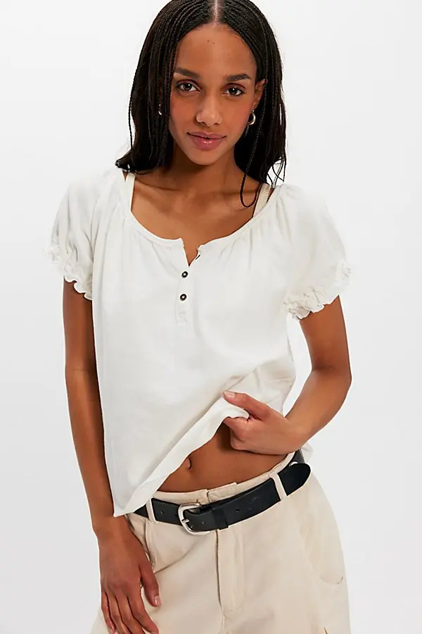 We The Free Issa Puff Sleeve Henley Tee - Clean Ivory