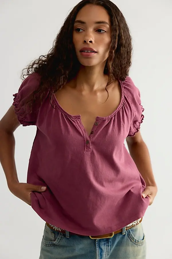 We The Free Issa Puff Sleeve Henley Tee - Dark Rhubarb
