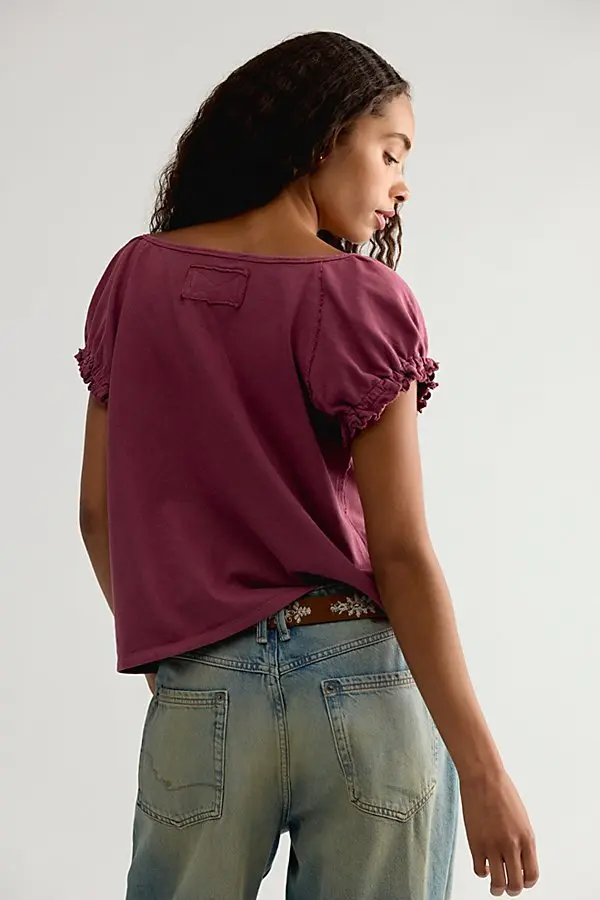 We The Free Puff Sleeve Henley Tee - Dark Rhubarb