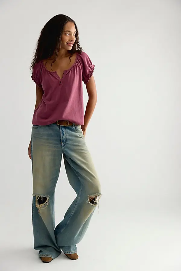 We The Free Puff Sleeve Henley Tee - Dark Rhubarb