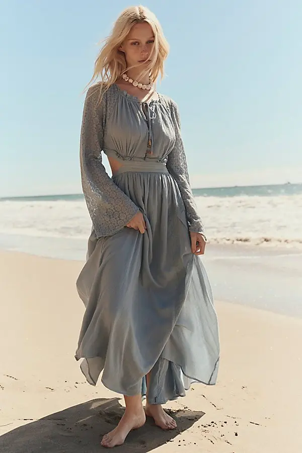 Free People Lacie Maxi Dress With Lace Bell Sleeves And Cut-out Detail - Mountain Spring
