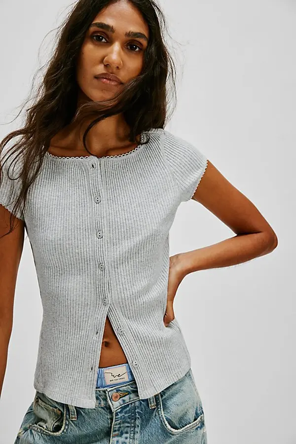 INTIMATELY Ribbed Cardigan With Capped Sleeves And Picot Trim - Light Heather