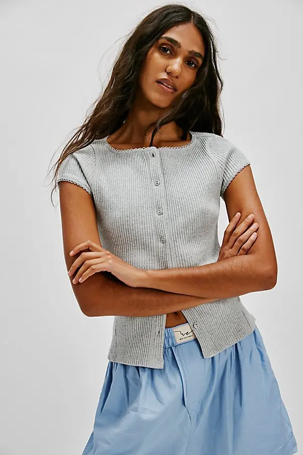 INTIMATELY Ribbed Cardigan With Capped Sleeves And Picot Trim - Light Heather