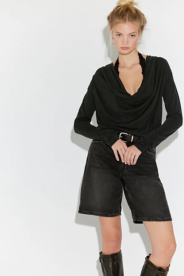 Free People Jane Draped Long Sleeve Top - Black