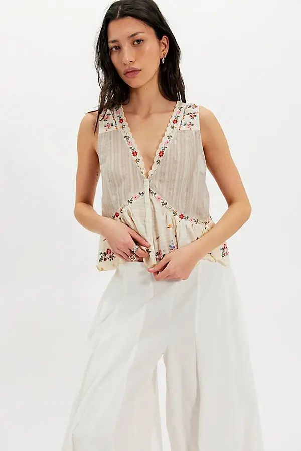 Free People Ellis Embroidered Sleeveless Blouse - Tea Combo