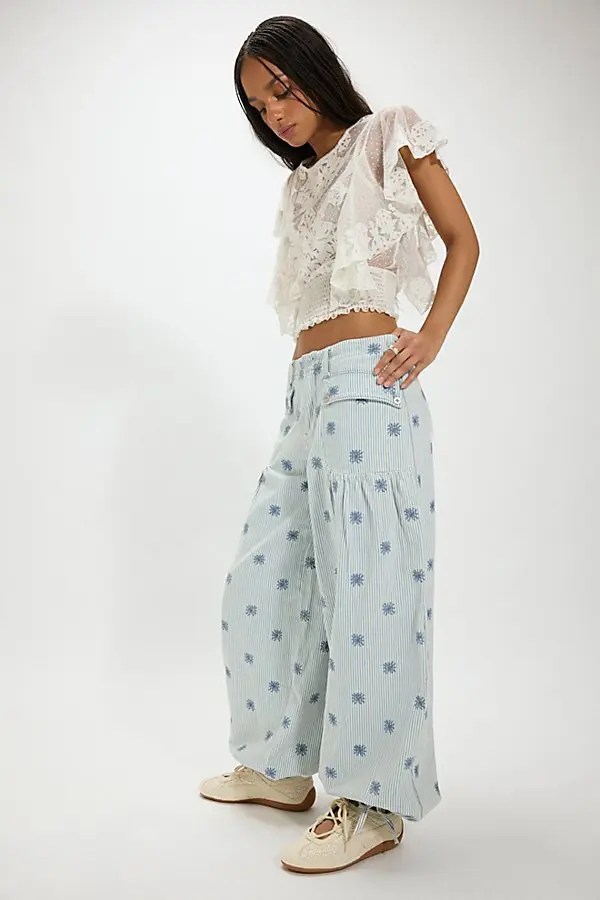 We The Free Lotus Embroidered Railroad Balloon Jeans - Indigo