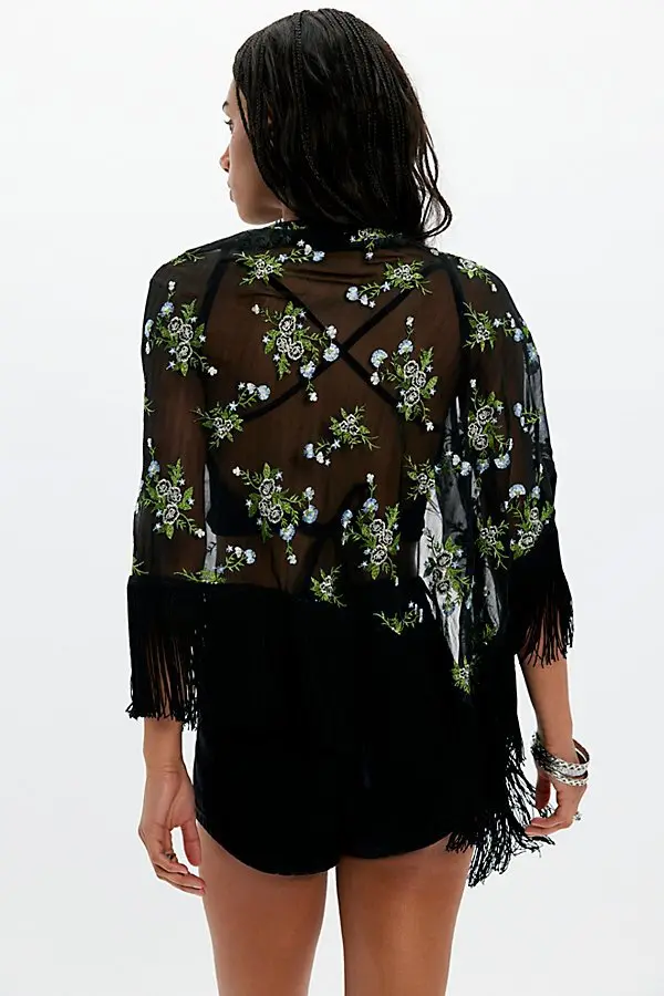 Anna Sui Embroidered Sheer Shawl With Fringe Trim