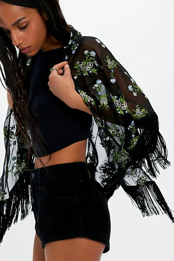 Anna Sui Embroidered Sheer Shawl With Fringe Trim