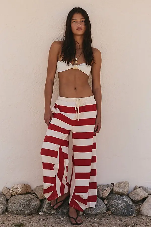 Free People Dakota Striped Wide-leg Drawstring Trousers - Red Combo