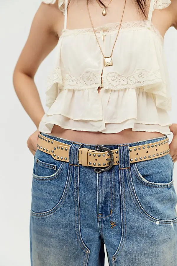 Free People Studded Leather Hip Belt - Bone