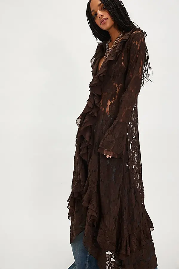 Free People Heirloom Maxi Lace Top With Ruffle Detailing - Deep Fudge