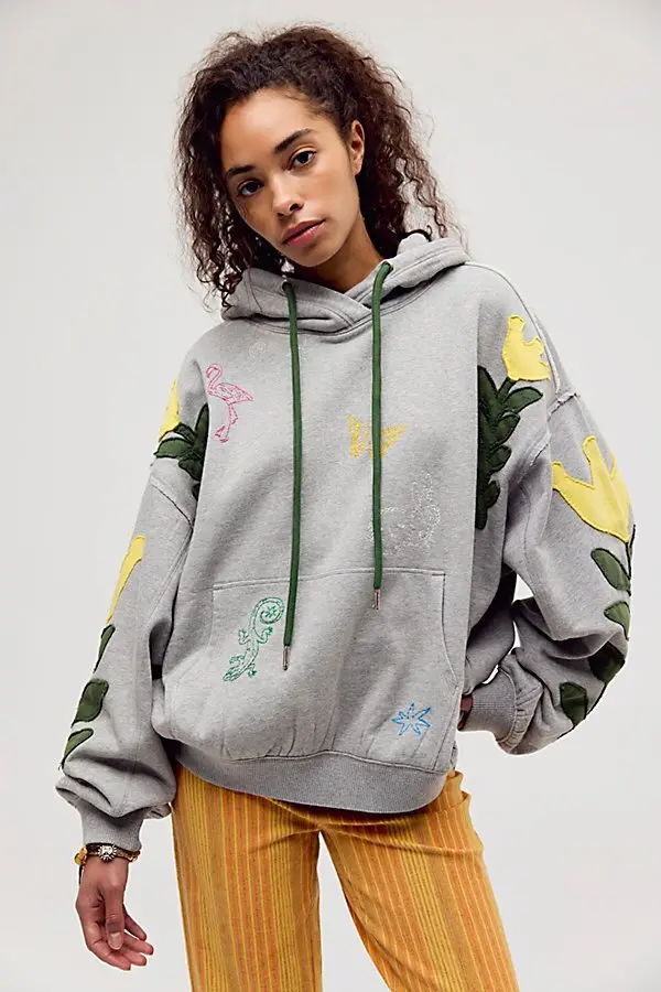 We The Free Embellished Cotton Hoodie - Heather Grey Combo