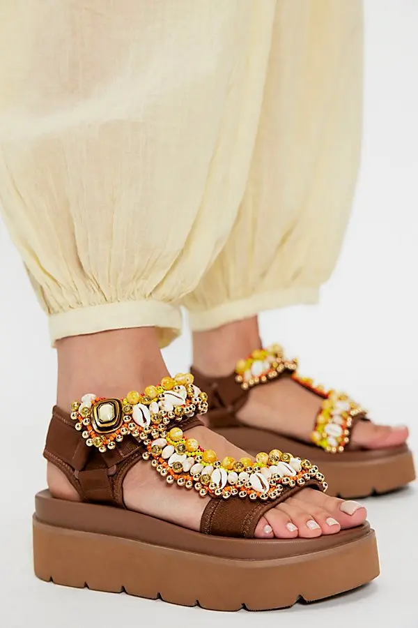 NAN-KU COUTURE Embellished Flatform Sport Sandals - Coffee