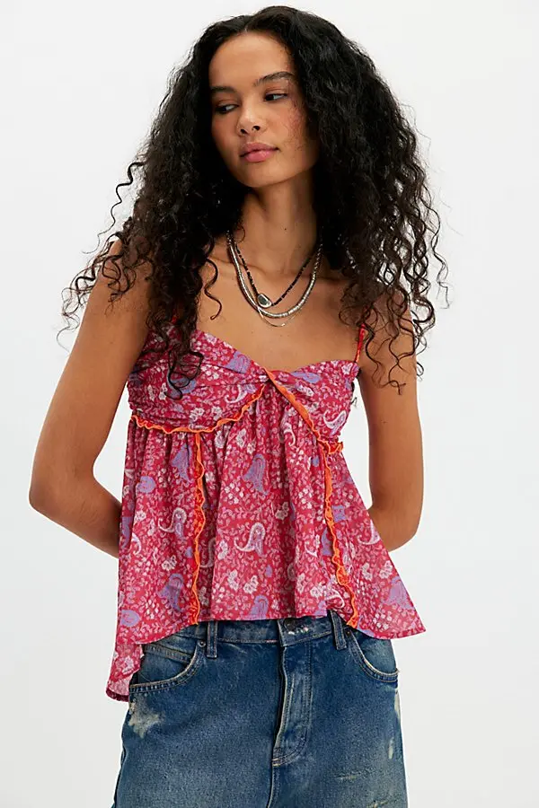 Free People Malia Babydoll Tank Top - Raspberry Combo
