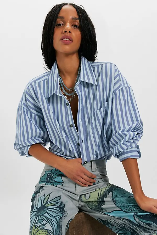 We The Free Freddie Striped Cotton Shirt - Washed Denim Combo