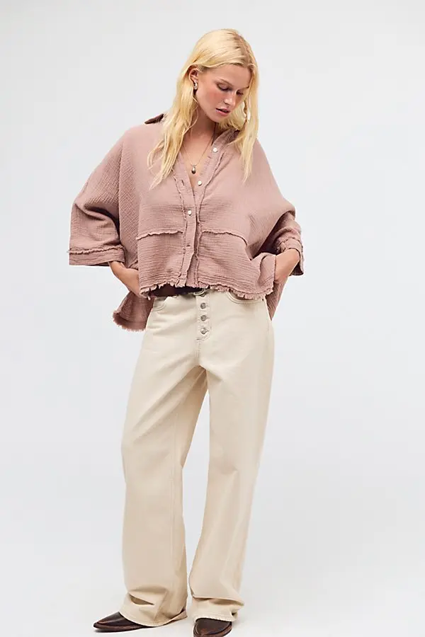 We The Free Gauzy Cotton Boxy Shirt - Stucco