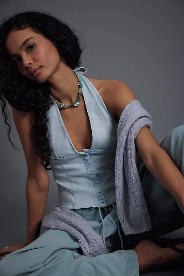 Free People Ramona Denim Halter Top - Light Sky