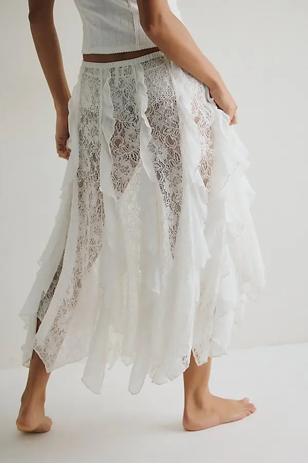 INTIMATELY Maxi Lace Slip Skirt With Ruffles And Handkerchief Hem - Ivory