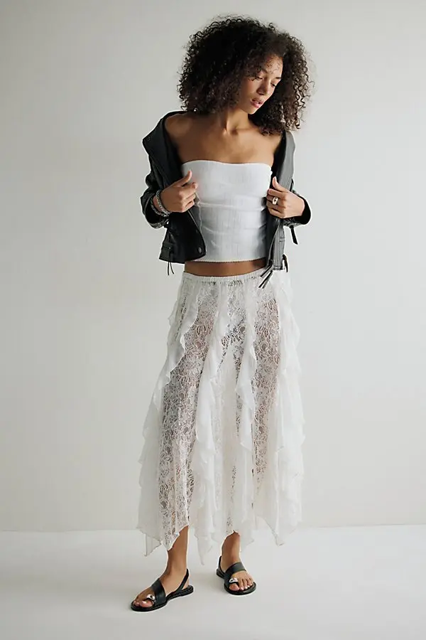 INTIMATELY Maxi Lace Slip Skirt With Ruffles And Handkerchief Hem - Ivory