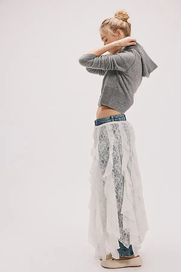 INTIMATELY Maxi Lace Slip Skirt With Ruffles And Handkerchief Hem - Ivory