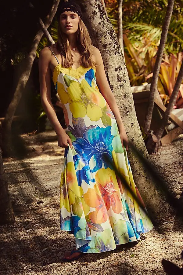 Free People Embroidered Lace Trim Maxi Dress - Tropical Combo