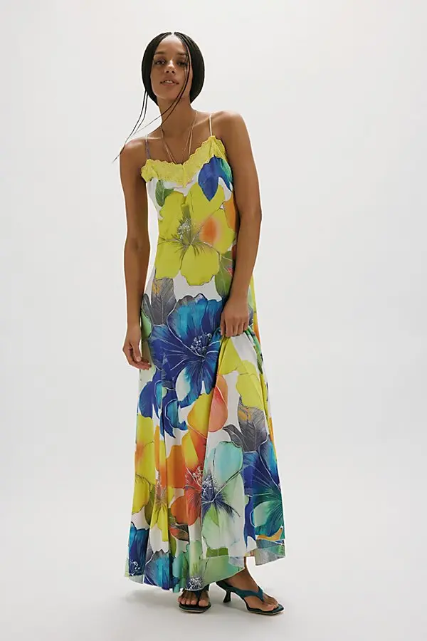 Free People Embroidered Lace Trim Maxi Dress - Tropical Combo