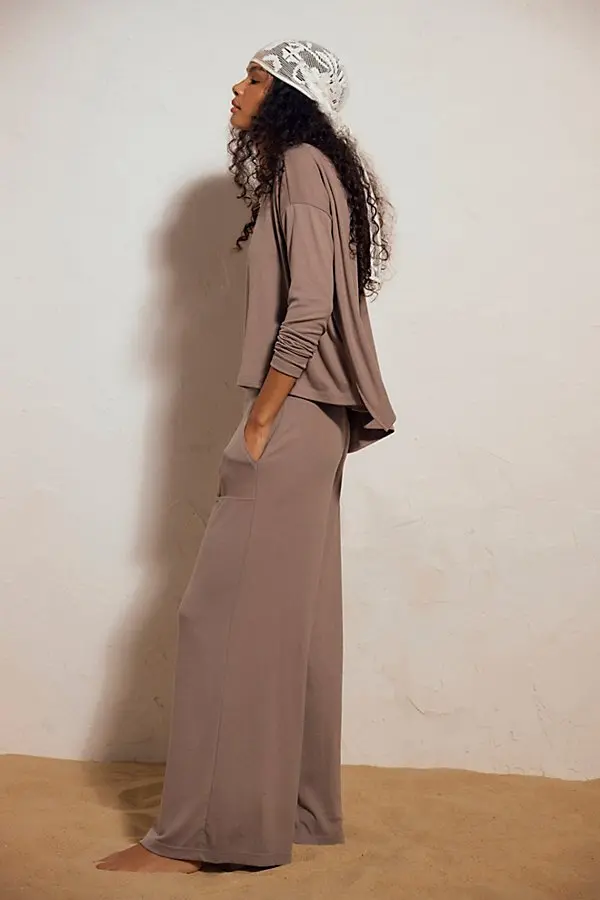 Free People Baby-rib Long Sleeve Top And Wide-leg Pants Set - Grey